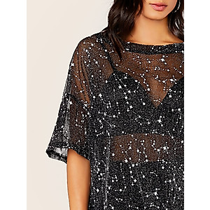 MakeMeChic Women's Summer Short Sleeve Tops See Through Mesh Sheer Sexy T Shirt Blouse Black Galaxy L