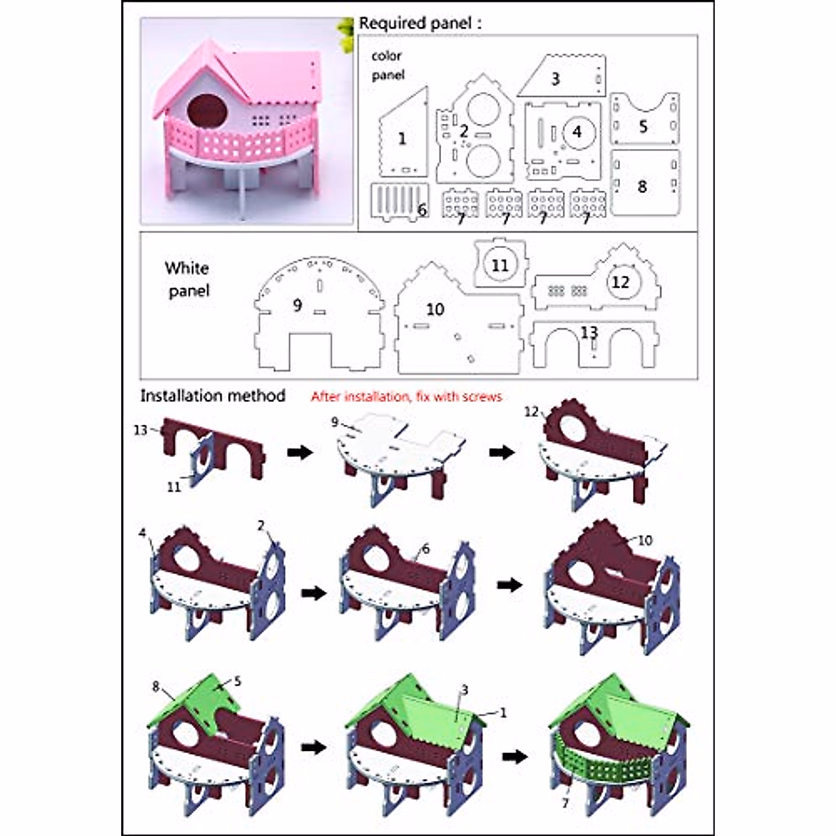 Wooden Hamster House - Pet Small Animal Hideout, Assemble Hamster Hut Villa, Cage Habitat Decor Accessories, Play Toys for Dwarf, Hedgehog, Syrian Hamster, Gerbils Mice