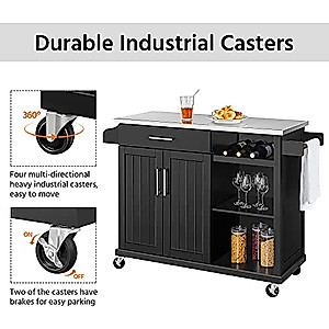 Yaheetech Kitchen Cart with Stainless Steel Top and Storage Cabinet, Kitchen Island on Wheels with Drawer & Open Shelves & Wine Rack & Spice Rack, 18" D x 51" W x 36" H, Black