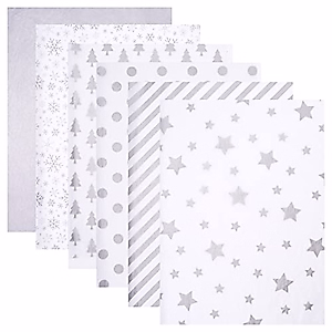 Blisstime 106 Sheets Silver Tissue Paper Gift Wrap Bulk, 19.5" x 13.6" Christmas Tissue Paper for Wrapping, 6 Assorted Designs Golden Stars Snow Dots for Christmas Gift Bags, DIY and Craft