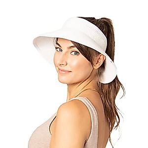 Ocean Pacific Beach Roll Up Straw Sun Hat Visor for Women, Sun Protection UPF 50 (White)