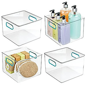 mDesign Plastic Storage Bin with Handles for Organizing Hand Soaps, Body Wash, Shampoos, Lotion, Conditioners, Hand Towels, Hair Accessories, Body Spray, Mouthwash - 8" Square, 4 Pack - Clear/Blue