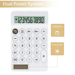 Calculator, Deli Standard Function Desk Calculators 10 Digit with Large LCD Display with 15° Elevation, Solar and Battery Dual Power, Standard Function for Office, Home, School, White
