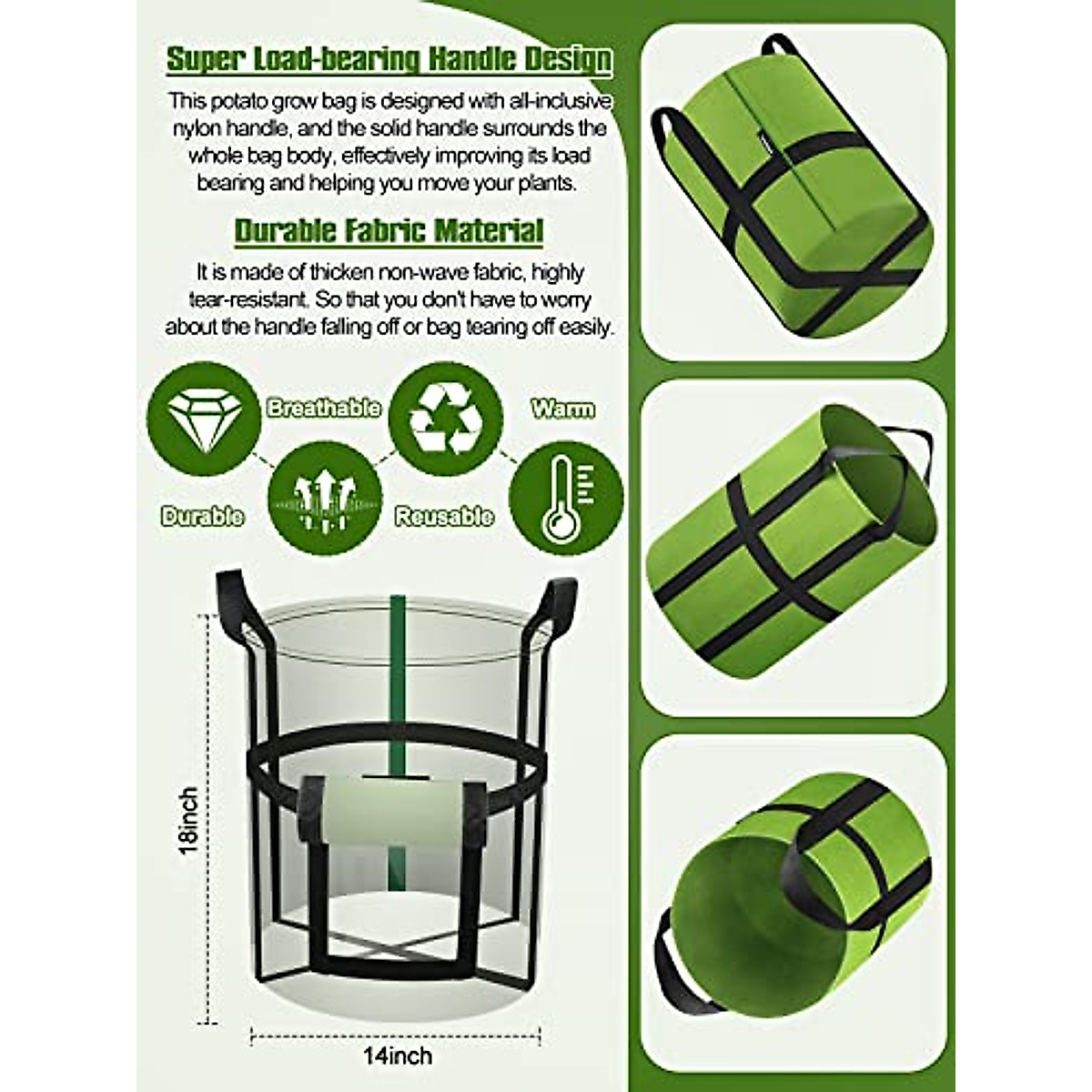 Kalolary 10 Gallon Potato Grow Bags, 3PCS Portable Grow Pots with Flap and Handles Planting Grow Bag with Visible Window, Nonwaven Fabric Garden Plant Bags for Vegetable Fruits, 10PCS Planting Labels