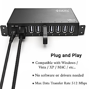 SotMa - USB 2.0 Hub - 7 Port Powered USB Hub Splitter - USB Port Expander with 12V 3A Power Adapter, LEDs and Mounting Bracket - Black