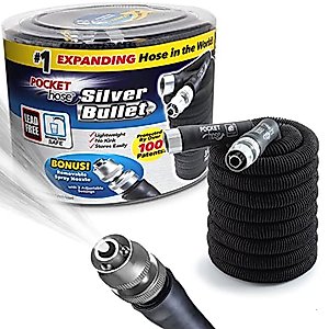 Pocket Hose Silver Bullet 50 ft Turbo Shot Nozzle Multiple Spray Patterns Expandable Garden Hose 3/4 in Solid Aluminum Fittings Lead-Free Lightweight and No-Kink,Black