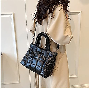 Puffer Tote Purses Puffy Crossbody Bags Quilted Handbags Women Cotton Padded Bag Fashion Winter Lightweight Work Travel (black)