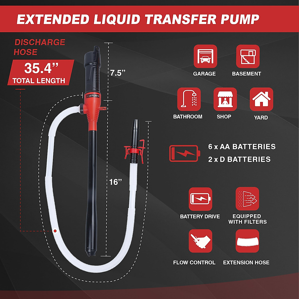 Portable Power Battery Pump, Water&Fuel Transfer Pump Up to 2.2 GPM, Battery Operated Siphon Liquid Extractor, 35.4 in Hose for Gasoline Diesel Oil Fish Tank