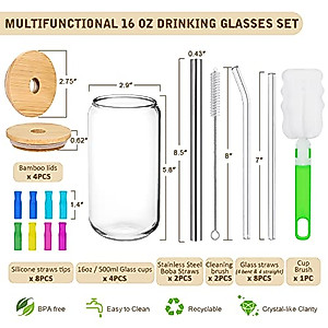 FEIMADA Drinking Glasses 4Pcs, 16oz Can Shaped Glass Cups with Bamboo Lids and Straw, Reusable Boba Cup, Beer Glasses, Iced Coffee Glasses, Cocktail Glasses, Wide Mouth Mason Jars for Smoothies