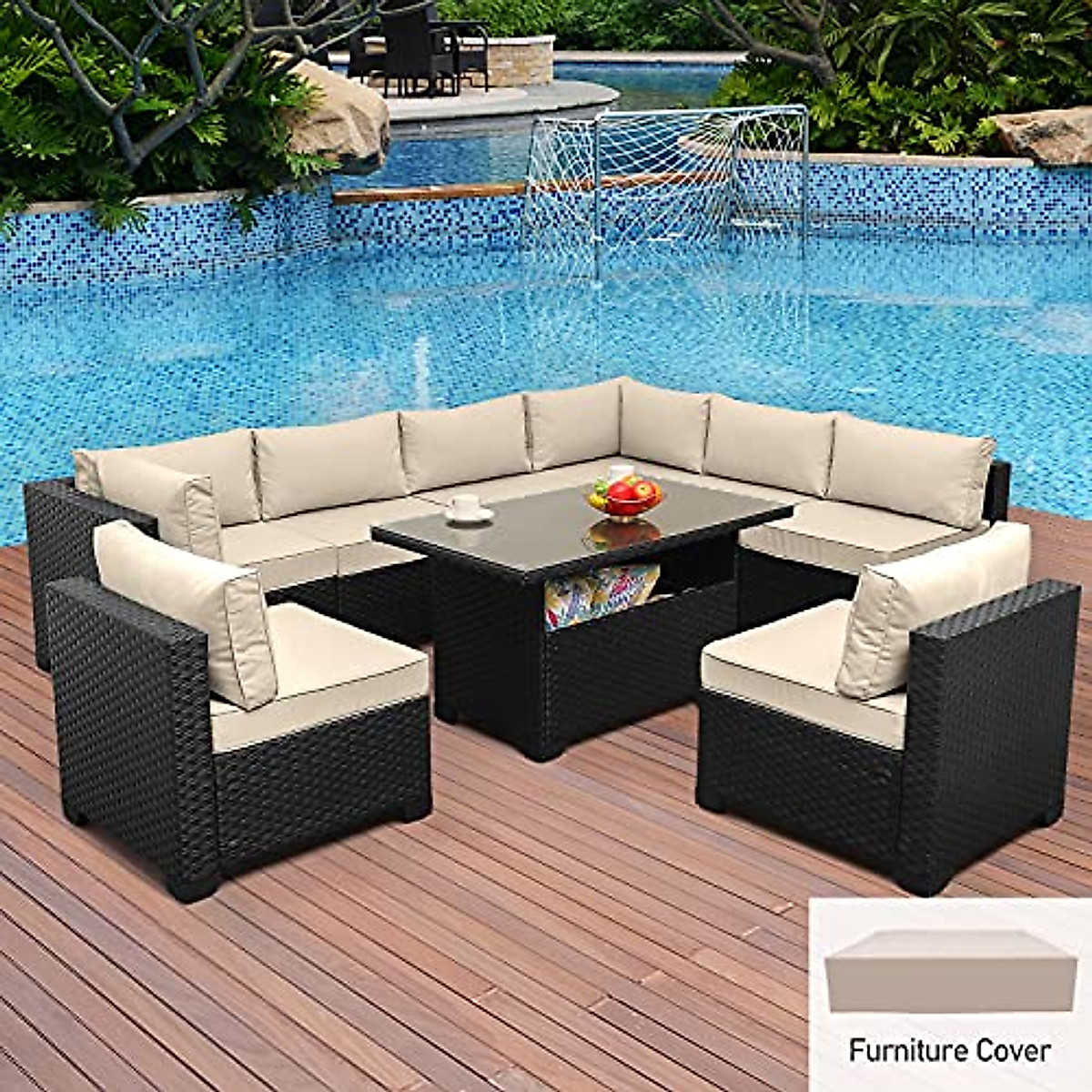 9 Pieces Outdoor Wicker Sectional Couch Patio Furniture Conversation Sofa Set with Khaki Non-Slip Cushions Furniture Cover Black PE Rattan