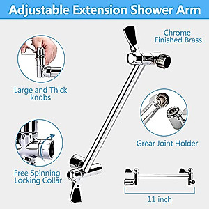 Shower Head - 8" High Pressure Rainfall Shower Head with 11" Extension Arm, 9 Settings Handheld Shower Head Combo, Anti-leak Shower Head with Holder, Height/Angle Adjustable, 1.5M House, Chrome