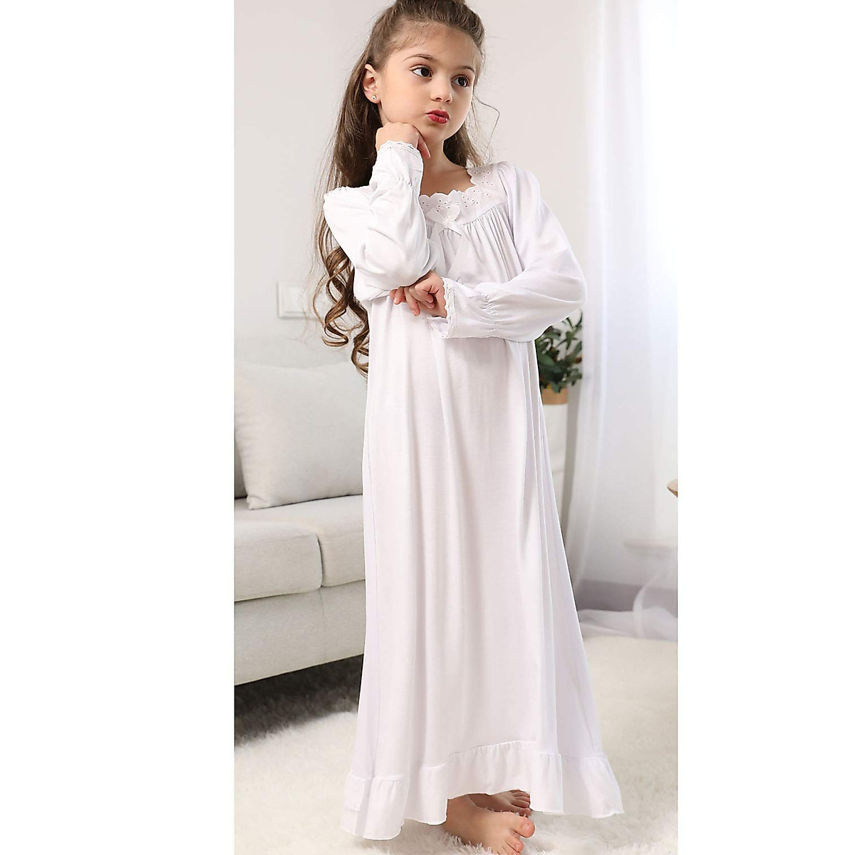 PUFSUNJJ Girls' Princess Nightgowns Lace Sleep Dress Kids Sleepwear 3-12 Years White