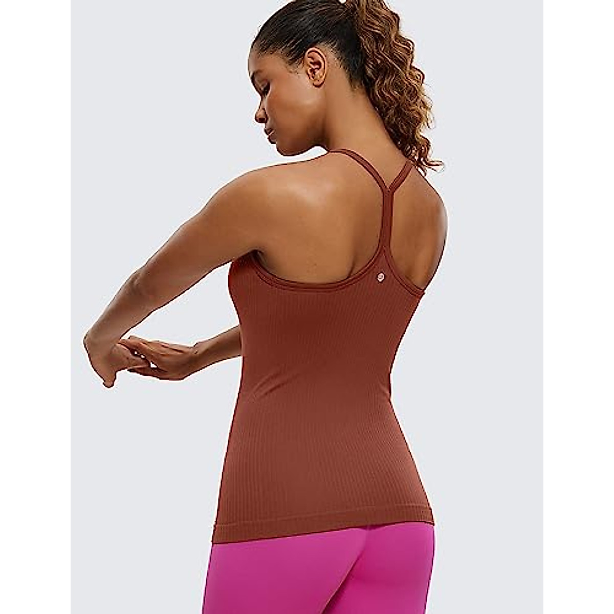 CRZ YOGA Seamless Workout Tank Tops for Women Racerback Athletic Camisole Sports Shirts with Built in Bra Jujube Brown X-Large
