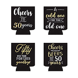 12-Pack 50 and Fabulous Birthday Decorations and Supplies for Women and Men, Black and Gold Insulated Neoprene Can Cooler Sleeve Party Favor for 12 oz Soda, Beer, Beverages (2.5x4 in)