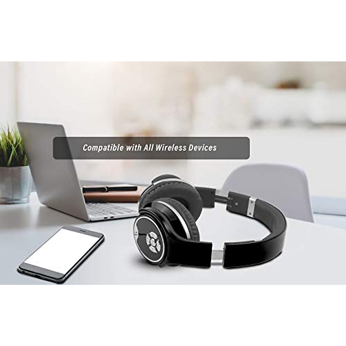 WOOZIK Twist Wireless Headphones, Over Ear 2 in 1 Hybrid Headset with Built-in FM Radio, Micro-SD Card Slot, AUX, Volume Control, Mic, Black