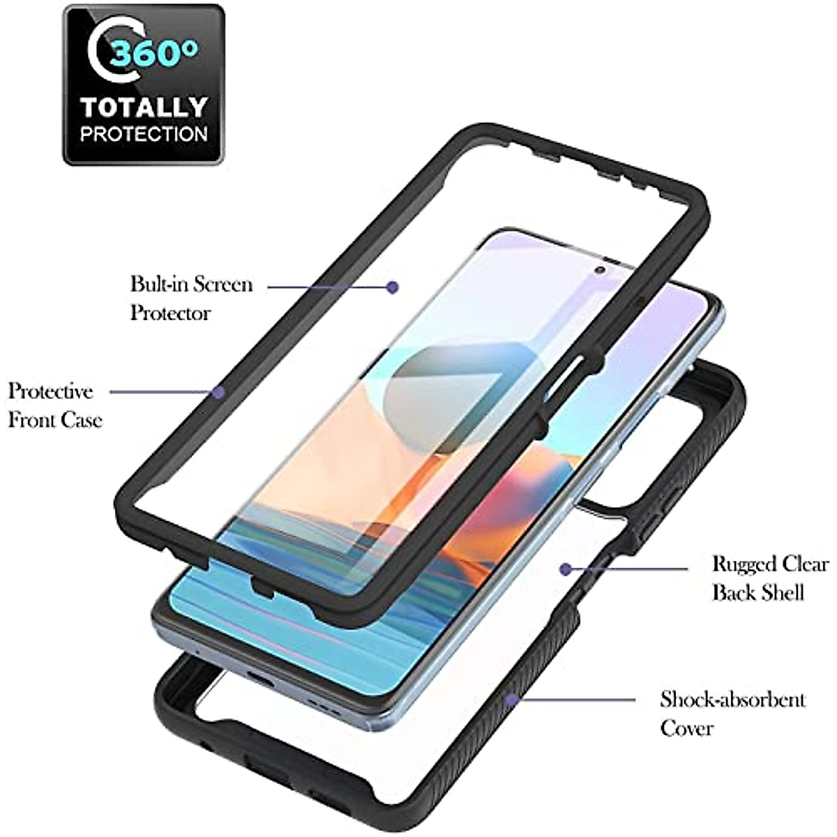 DETUOSI Hard Cell Phone Case for Xiaomi Redmi Note 10 Pro 6.67" with Screen Protector (Not for Note 10 5G), 360 Full Body Protective Phone Cover Case for Redmi Note 10 Pro Max, Black