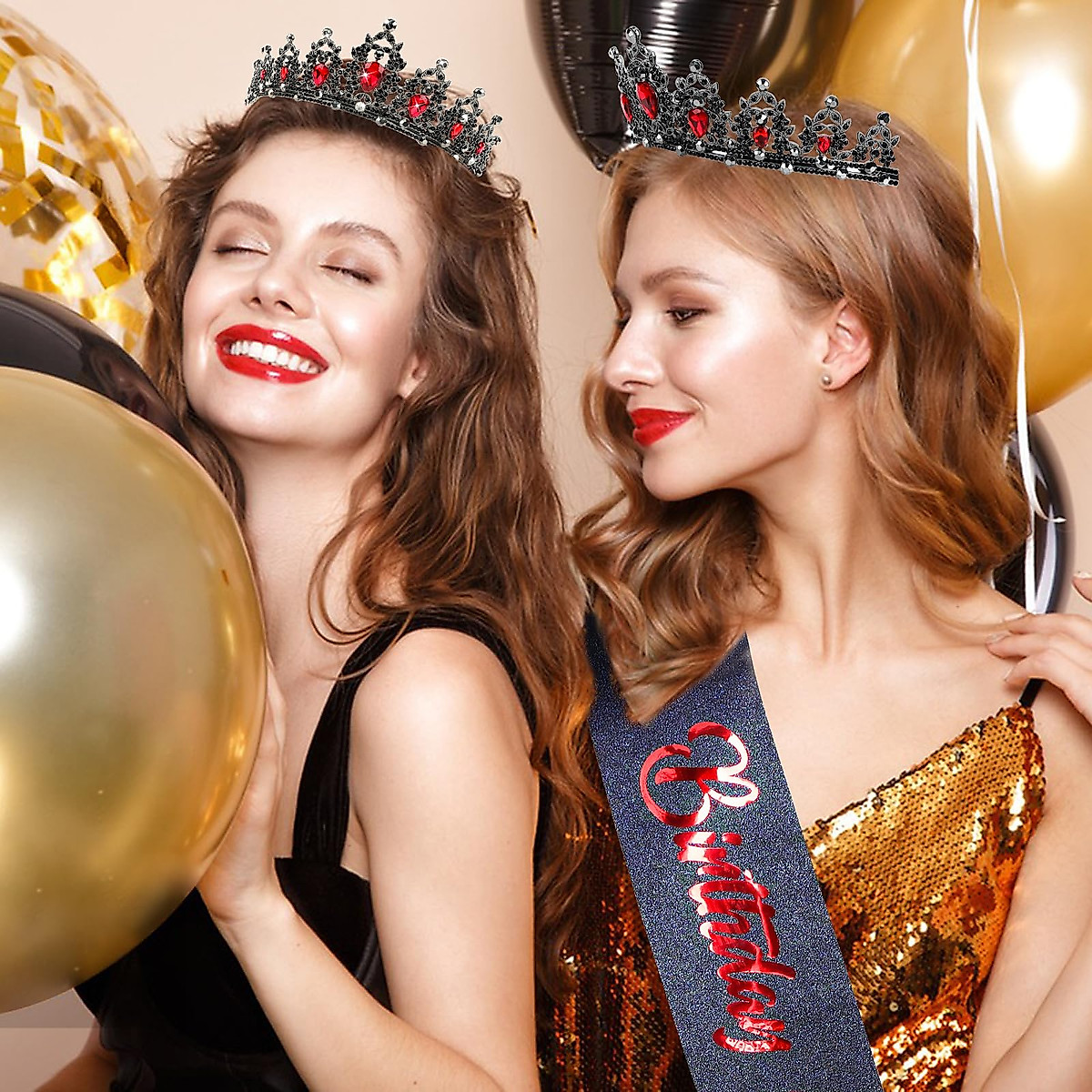 CIEHE Red and Black Birthday Decorations, Queen of Hearts Crown + Black Birthday Girl Sash Set, Birthday Crown and Sash for Women, Birthday Sash for Women Birthday Tiara, Birthday Girl Crown Birthday