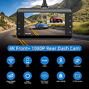Edospor 4K Dash Cam Front and Rear Built in WiFi GPS Dash Camera for Cars 3'' IPS Screen with 64GB SD Card,170°Wide Angle,WDR,Night Vision,Parking Monitor,Support 256GB Max,Front 4K/2.5K Rear 1080P
