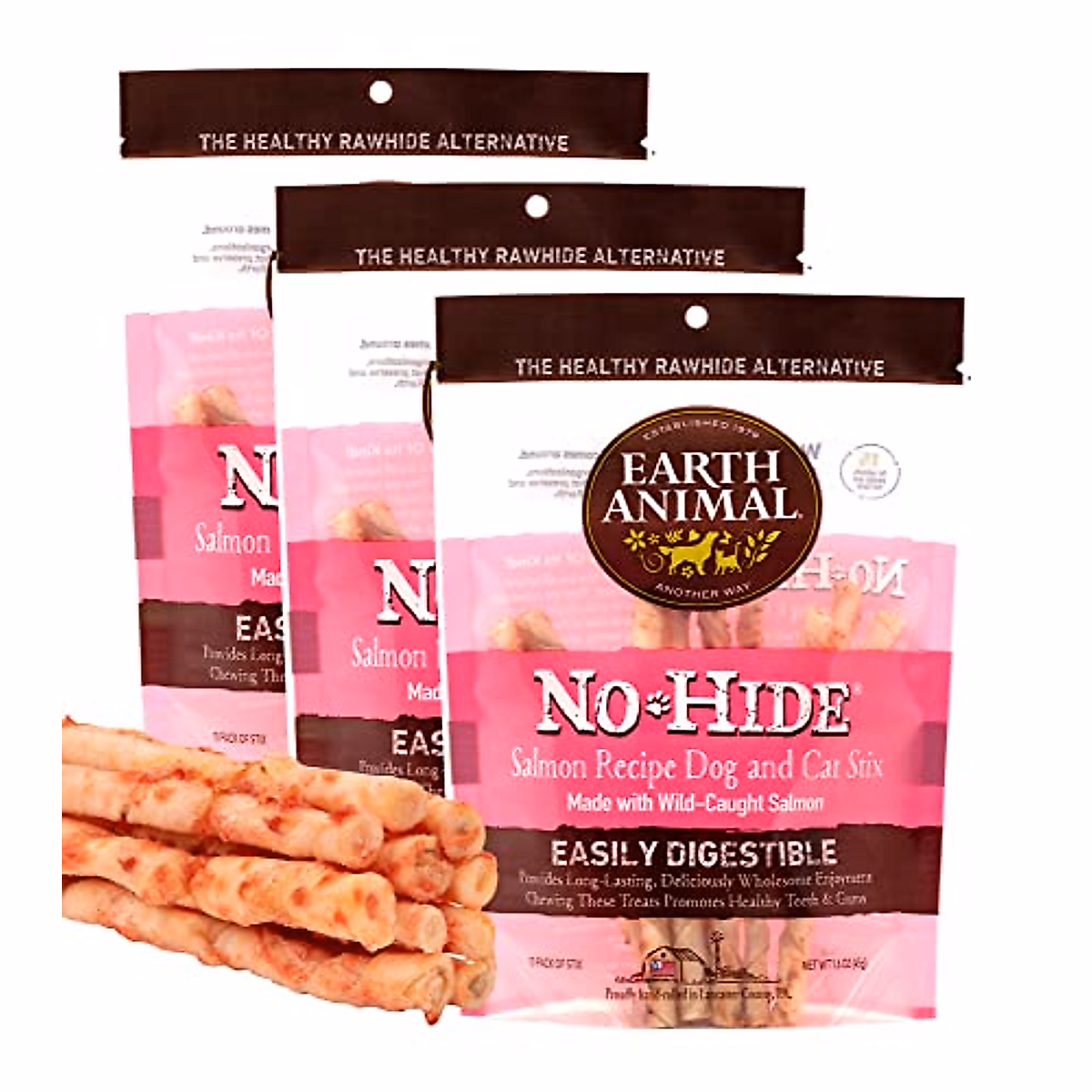 EARTH ANIMAL No Hide Stix Salmon Flavored Natural Rawhide Free Dog Chews Long Lasting Dog Chew Sticks | Dog Treats for Small Dogs and Cats | Great Dog Chews for Aggressive Chewers (3 Pack)