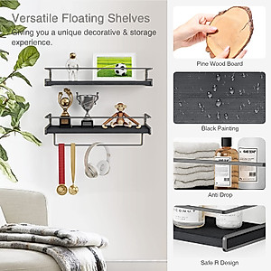 Forbena Black Floating Shelves for Bathroom Wall Set of 2, Kitchen Spice Rack Wall Mount, Modern Wood Hanging Wall Shelves for Bedroom Organizer, Restroom Pantry Closet Storage (Grey-Black)