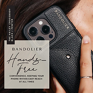 Bandolier Hailey Crossbody Wallet Phone Case for iPhone 15 Pro Max. 100% Genuine Pebble Leather with Pewter Hardware. Adjustable & Removable Strap. Expandable Flip Card Holder. Black with Pewter