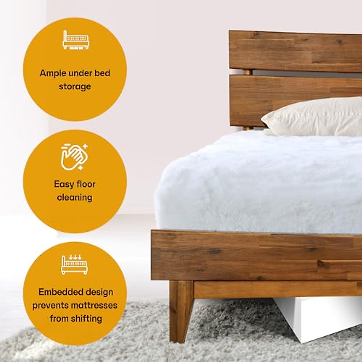 Acacia Aurora Wooden Frame with Headboard, Solid Platform Bed, Easy Assembly, No Box Spring Needed, King (U.S. Standard), Caramel + Wood Support Leg