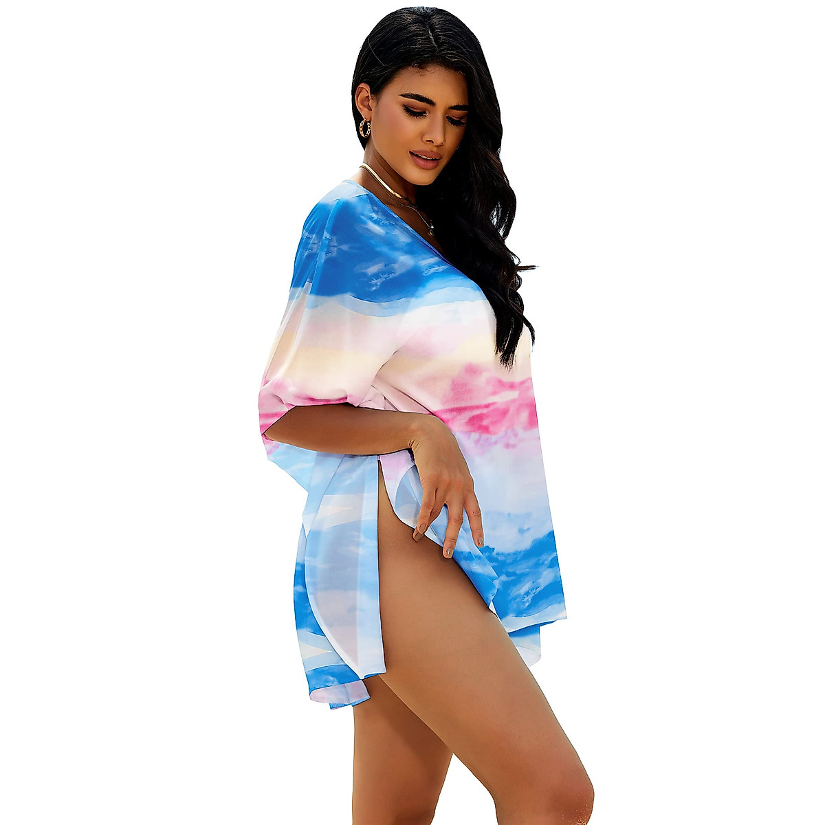 Ekouaer Tie-dye Women's Swimsuit Cover Ups Shirt V-Neck Bathing Suit Coverups Dress Bikini Beachwear