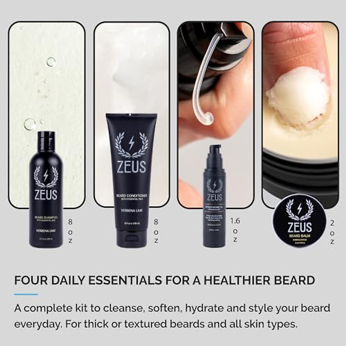 ZEUS Everyday Beard Care Kit with Refined Beard Oil – Shampoo & Conditioner Wash, Refined Oil & Beard Balm (Made in USA) Sandalwood