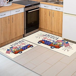 4th of July Patriotic Independence Day Decorations Kitchen Mat Set of 2, Patriotic Kitchen Decor, Memorial Day Decorations, Seasonal Holiday Party Floor Mat for Home Kitchen - 17x24 and 17x48 Inch