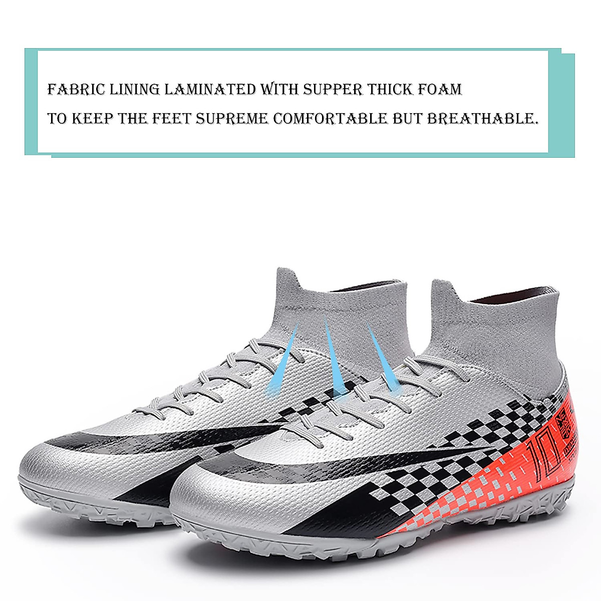 WINGFAI Men's Soccer Shoes Cleats Professional High-Top Breathable Athletic Football Shoes Outdoor/Indoor Professional Futsal Football Training Sneakers Silver 4 US