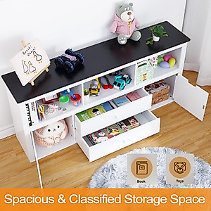 HobbyField Kids Toy Storage Organizer with with 2 Drawers,Toy Storage Organizer with Bookshelf，Movable Drawers & Blackboard Top for Boys Girls Toddler Classroom Bookcase for Bedroom,Playroom,Nursery