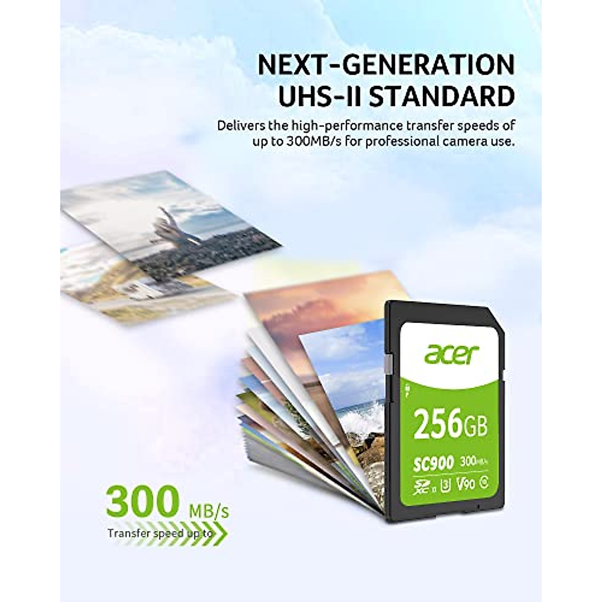 Acer SC900 256GB SDXC UHS-II Professional Digital SD Memory Card - C10, U3, V90, 4K, Full HD Video - Up to 300MB/s Read Speed for DSLR and Camera - BL.9BWWA.312
