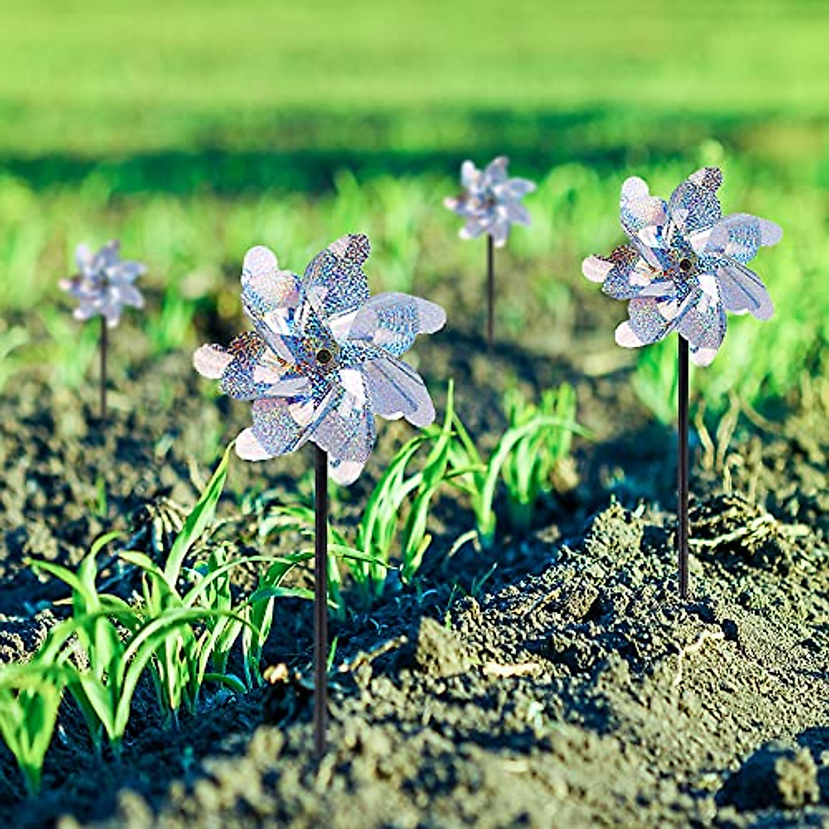 10 Pack Reflective Pinwheels with Plastic Stakes| 19.7 inch Pre-Assembled Sparkle Pin Wheel Set | Scare Off Birds and Animals Away | Decorative for Garden, Yard, Lawn