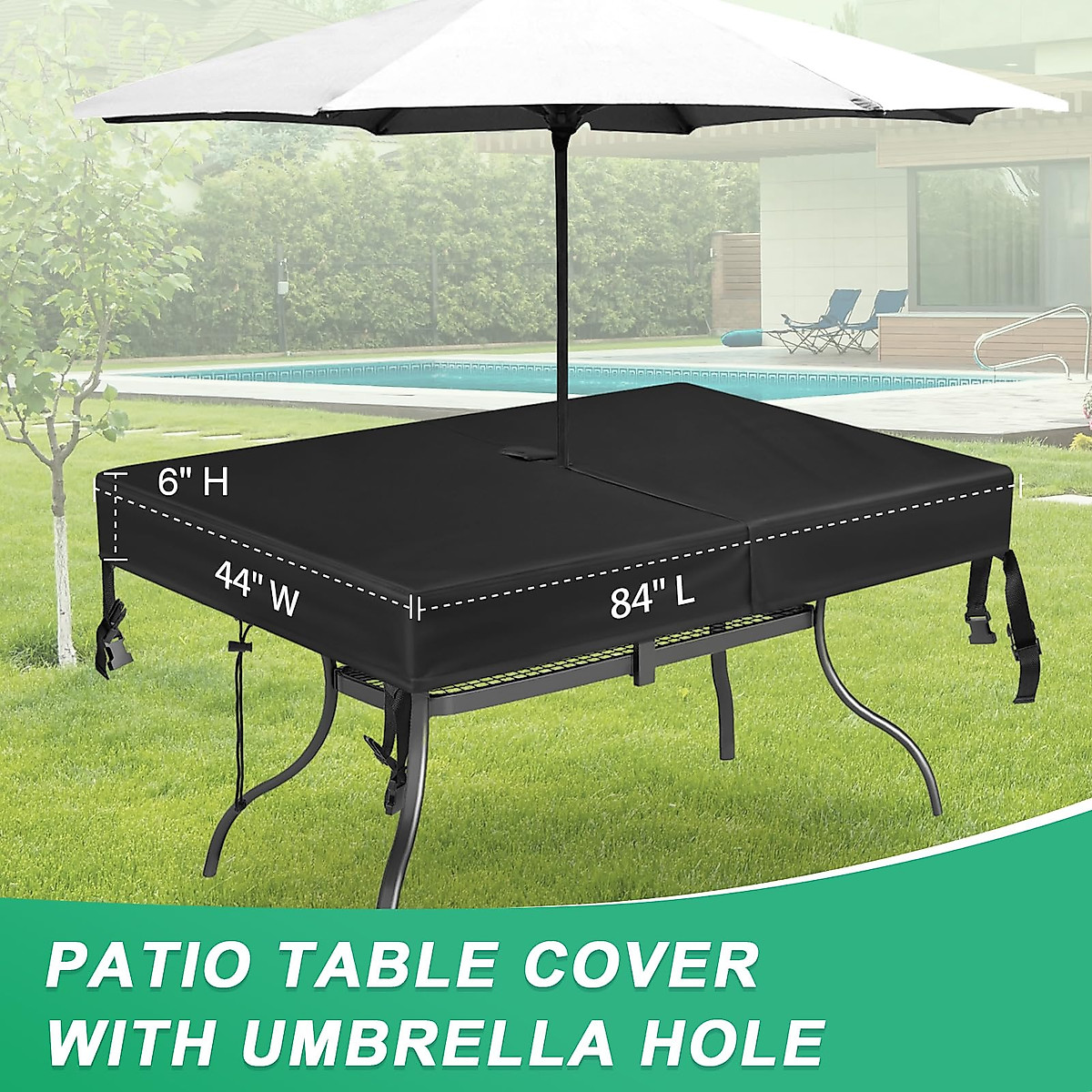 SUNICO Rectangle Patio Table Cover with Umbrella Hole 84" L x 44" W x 6" H - Waterproof Outdoor Table Cover - Heavy Duty 600D Oxford Fabric Patio Furniture Covers
