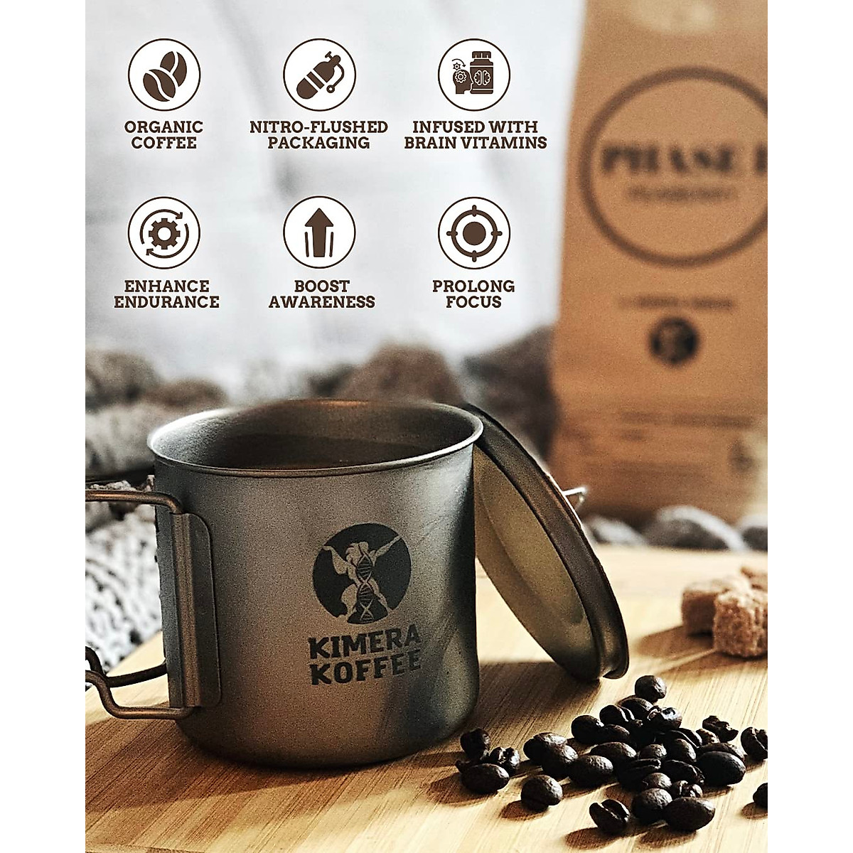 Kimera Koffee - Organic Medium Roast Ground Coffee | Original Blend | Infused with Brain Vitamins |Taurine, Alpha GPC, DMAE, and L-theanine | Enhance Cognitive Stamina & Athletic Performance | 12oz