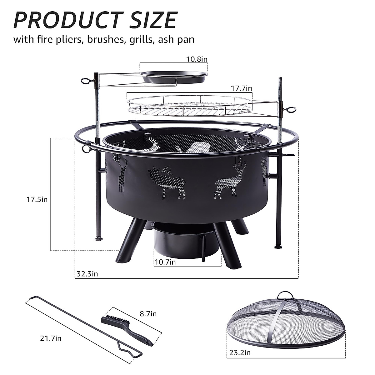 NATURAL EXPRESSIONS 32 Inch Large Fire Pit with 2 Grills, Outdoor Wood Burning Fire Pit with Cooking Grate, Lid, Poker and Round Waterproof Cover for Patio, Ourside, Bonfires, Picnic, Party.