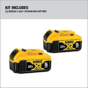 DEWALT 20V MAX Battery, 5 Ah, 2-Pack, Fully Charged in Under 90 Minutes (DCB205-2)