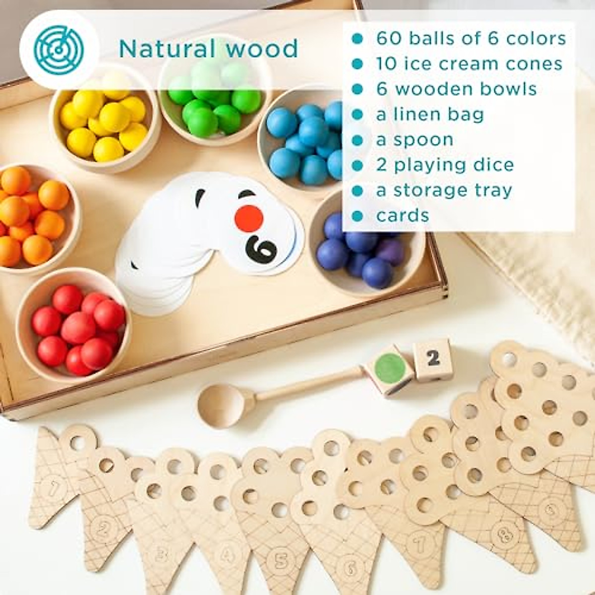 Ulanik Sweet Counting Large Toddler Montessori Toys for 3 Year Old + Kids Wooden Matching Game for Learning Color Sorting and Counting — 60 Balls, 0.98 in