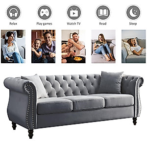 ATUMON 2 Piece Chesterfield Velvet 80“ 3-Seater and 59" Loveseat Sofa Set,Tufted Couch with 4 Pillows,Rolled Arms and Nailhead for Living Room, Bedroom, Office Grey