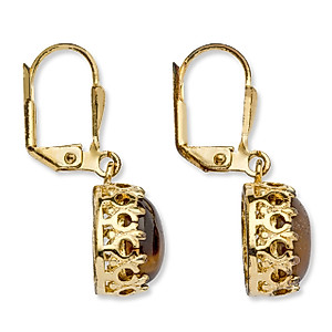 PalmBeach Yellow Gold-plated Oval Shaped Genuine Brown Tiger's Eye Drop Earrings (12x10mm)