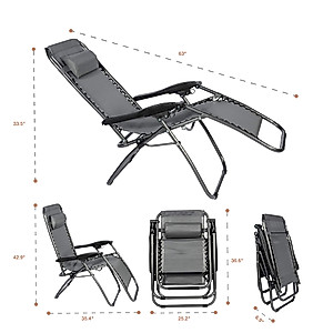 KARMAS PRODUCT Zero Gravity Chairs Set of 2 Reclining Outdoor Lounge Patio Chairs for Garden Beach Gray (Gray)…