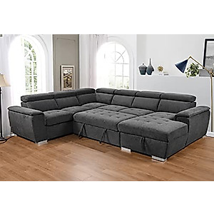 FANYE Oversized U-Shaped Sleeper Sectional Sofabed Sofa W/Pull Out Couch Bed & Wide Storage Chaise,7 Seaters Convertible Sofa&Couch with Adjustable Headrests for Home Apartment Living Room