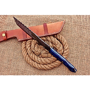 HUNTEX Unique Custom Handmade Hand-Forged Twist Pattern Damascus Steel 14 Inch Long Full Tang Pakka Wood Handle Razor Sharp Hunting Camping Tracker Knife with Genuine Leather Sheath