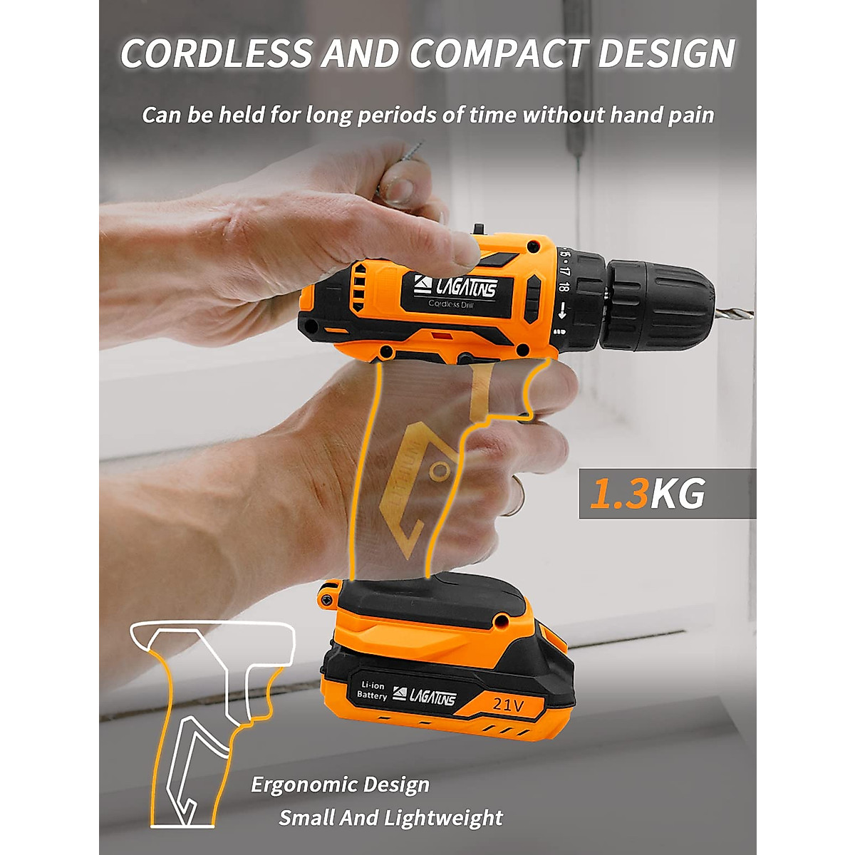 Power Drill Cordless,21V Electric Power Drill Set,18+1 Clutch & Variable Speed,3/8-Inch Keyless Chuck，40NM（355in-Lbs）Max Torque,with a Battery & Charger,and other Accessories