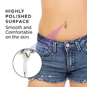 Pierce2GO Crystal Moon Belly Button Ring - 14G Surgical Steel Belly Button Ring Moon Pendant with Hanging Star - Belly Button Rings Piercing for Women – 7/16” (Silver)