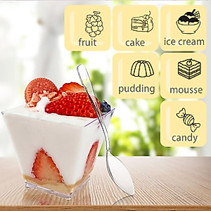 Legredic 50 Pack 3.5 oz Square Dessert Cups with Spoons, Mini Plastic Parfait Appetizer Cups, Clear Reusable Small Shooter Cups, Serving Bowls for Tasting Party Samples Dessert Shot Glasses