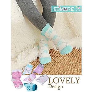 EBMORE Girls Kids Toddler Fuzzy Non Slip Grips Slipper Socks Gift Crew Cabin Cozy Fluffy Hospital Cute Warm Winter Socks for Boys Child Christmas Stocking Stuffers 6 Pairs（Snowflake，8-12 Y）
