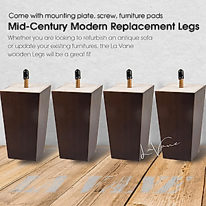 La Vane 5 inch Wooden Furniture Legs, Set of 4 Solid Wood Square Walnut Mid-Century Modern M8 Replacement Bun Feet with Pre-Drilled 5/16 Inch Bolt & Mounting Plate & Screws for Couch Sofa Armchair