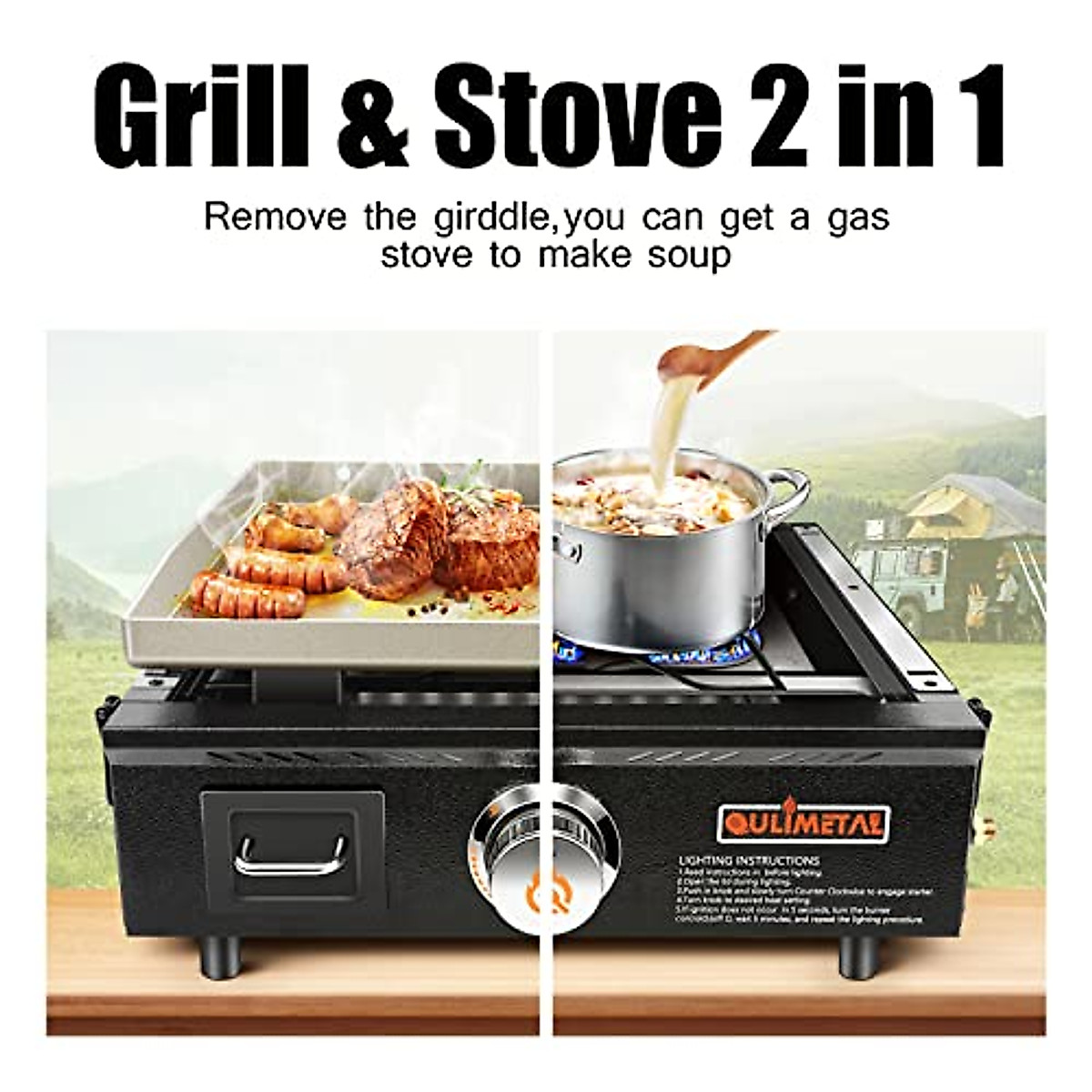 QuliMetal Portable Griddle Flat Top Grill 17 Inch Table Top Griddle Gas Grill Propane Grill with Carry Bag Outdoor Griddle Camping Griddle 15,000 BTU Burner 268 Sq Stainless Steel For Party Tailgating
