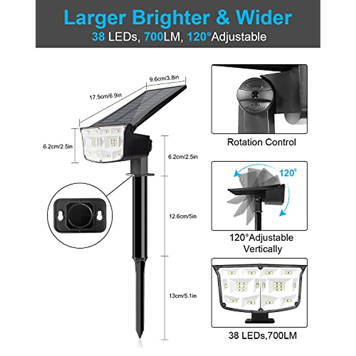 Solar Spot Lights Outdoor Waterproof, Solar Landscape Lights, 38 LEDs Solar Lights Outdoor Garden, IP67, Auto On/Off with 2 Modes for Yard Lawn Path Walkway Driveway Patio Pool, Cool White (2 Pack)